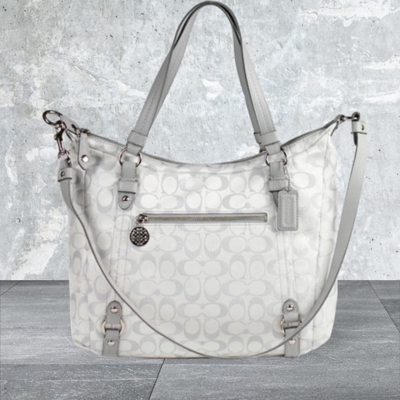 Coach | Bags | Coach White Gray Metallic Outline Signature Alexandra Slouch Satchel F8378 | Poshmark